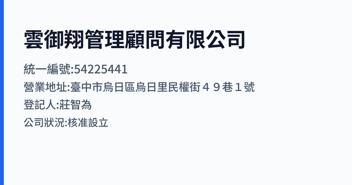 雲御翔管理顧問有限公司 - 統編 54225441(臺中市) 公司登記資料與營業項目詳細圖表