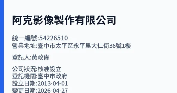 阿克影像製作有限公司的照片-統編 54226510(臺中市) 公司登記資料與營業項目詳細圖表