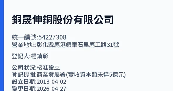 銅晟伸銅股份有限公司的照片-統編 54227308(彰化縣) 公司登記資料與營業項目詳細圖表