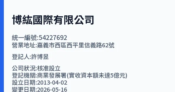 博紘國際有限公司的照片-統編 54227692(嘉義市) 公司登記資料與營業項目詳細圖表