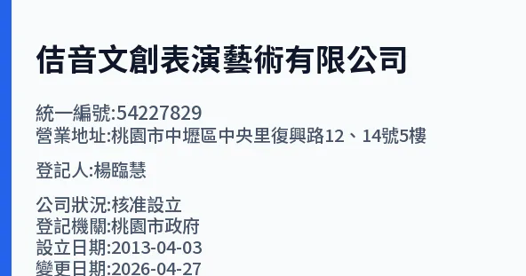 佶音文創表演藝術有限公司的照片-統編 54227829(桃園市) 公司登記資料與營業項目詳細圖表