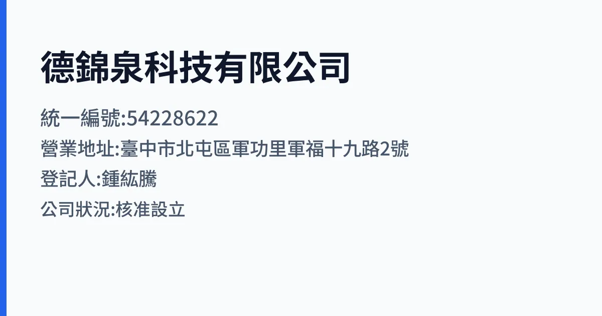 德錦泉科技有限公司 - 統編 54228622(臺中市) 公司登記資料與營業項目詳細圖表