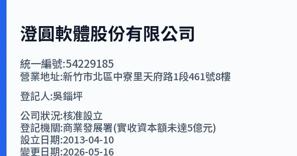 澄圓軟體股份有限公司的照片-統編 54229185(新竹市) 公司登記資料與營業項目詳細圖表