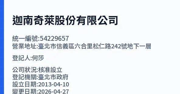 迦南奇萊股份有限公司的照片-統編 54229657(臺北市) 公司登記資料與營業項目詳細圖表