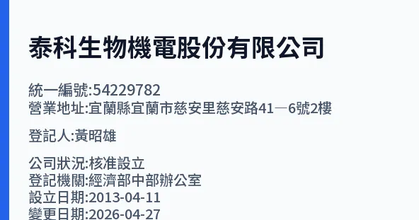 泰科生物機電股份有限公司的照片-統編 54229782(宜蘭縣) 公司登記資料與營業項目詳細圖表