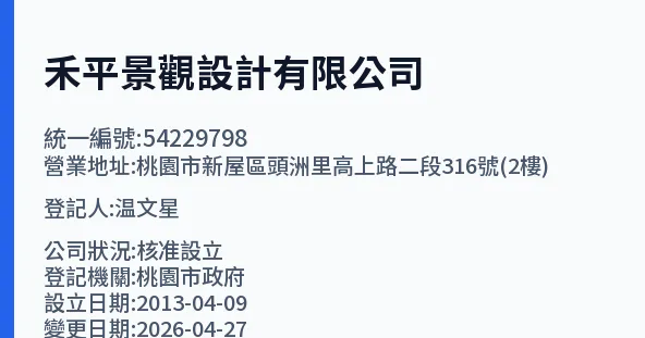 禾平景觀設計有限公司的照片-統編 54229798(桃園市) 公司登記資料與營業項目詳細圖表