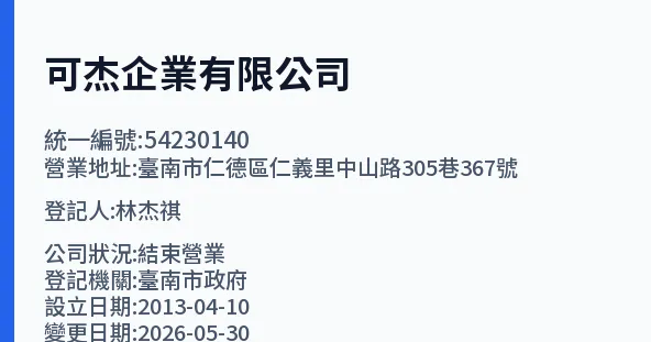 可杰企業有限公司的照片-統編 54230140(臺南市) 公司登記資料與營業項目詳細圖表