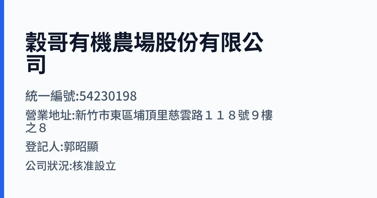 穀哥有機農場股份有限公司 - 統編 54230198(新竹市) 公司登記資料與營業項目詳細圖表