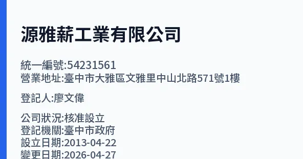 源雅薪工業有限公司的照片-統編 54231561(臺中市) 公司登記資料與營業項目詳細圖表