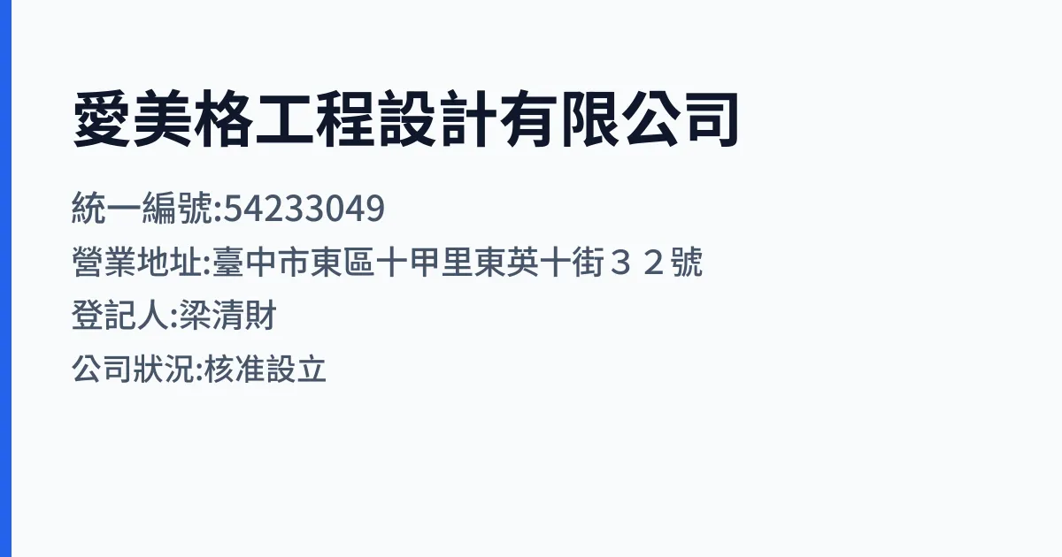 愛美格工程設計有限公司 - 統編 54233049(臺中市) 公司登記資料與營業項目詳細圖表