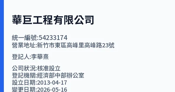 華巨工程有限公司的照片-統編 54233174(新竹市) 公司登記資料與營業項目詳細圖表