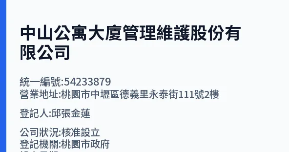 中山公寓大廈管理維護股份有限公司的照片-統編 54233879(桃園市) 公司登記資料與營業項目詳細圖表