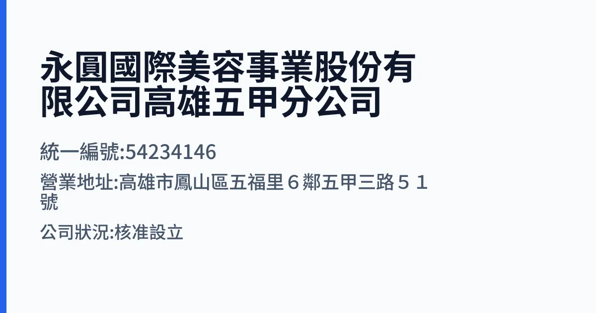 永圓國際美容事業股份有限公司高雄五甲分公司 - 統編 54234146(高雄市) 公司登記資料與營業項目詳細圖表