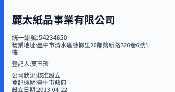 麗太紙品事業有限公司的照片-統編 54234650(臺中市) 公司登記資料與營業項目詳細圖表