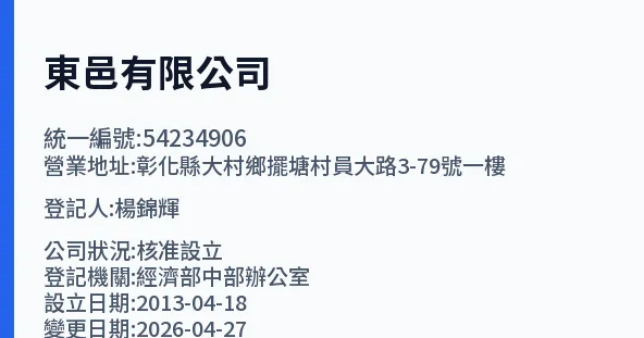 東邑有限公司的照片-統編 54234906(彰化縣) 公司登記資料與營業項目詳細圖表