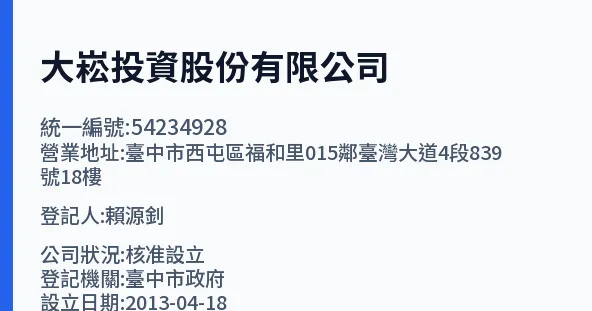 大崧投資股份有限公司的照片-統編 54234928(臺中市) 公司登記資料與營業項目詳細圖表
