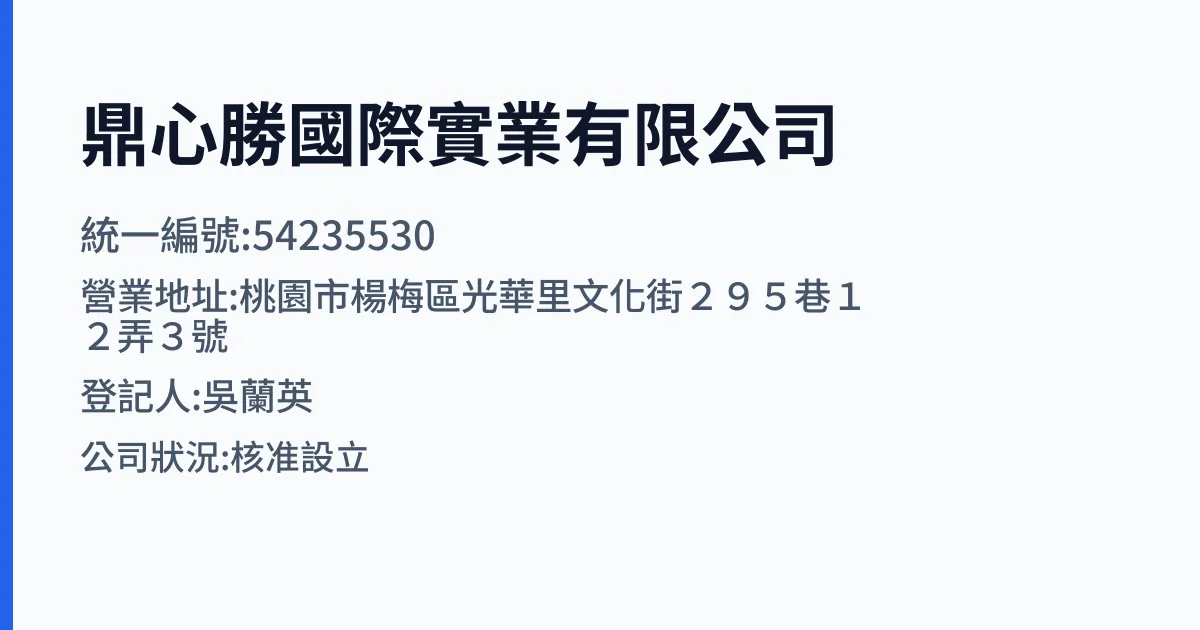 鼎心勝國際實業有限公司 - 統編 54235530(桃園市) 公司登記資料與營業項目詳細圖表