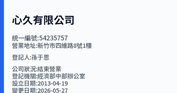 心久有限公司的照片-統編 54235757(新竹縣) 公司登記資料與營業項目詳細圖表