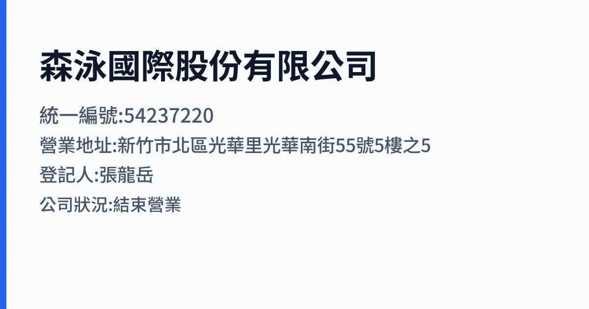 森泳國際股份有限公司 - 統編 54237220(新竹市) 公司登記資料與營業項目詳細圖表