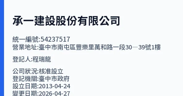 承一建設股份有限公司的照片-統編 54237517(臺中市) 公司登記資料與營業項目詳細圖表