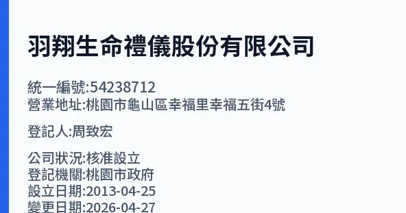 羽翔生命禮儀股份有限公司的照片-統編 54238712(桃園市) 公司登記資料與營業項目詳細圖表