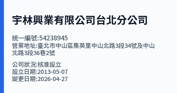 宇林興業有限公司台北分公司的照片-統編 54238945(臺北市) 公司登記資料與營業項目詳細圖表