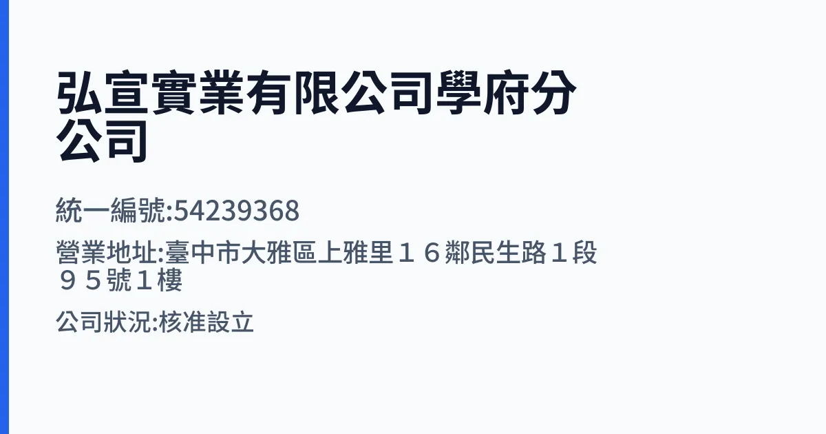 弘宣實業有限公司學府分公司 - 統編 54239368(臺中市) 公司登記資料與營業項目詳細圖表