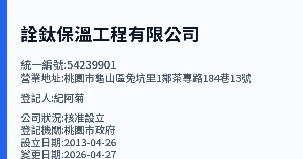 詮鈦保溫工程有限公司的照片-統編 54239901(桃園市) 公司登記資料與營業項目詳細圖表