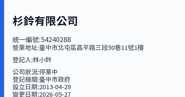 杉鈴有限公司的照片-統編 54240288(臺中市) 公司登記資料與營業項目詳細圖表