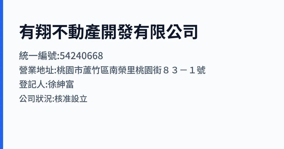 有翔不動產開發有限公司 - 統編 54240668(桃園市) 公司登記資料與營業項目詳細圖表