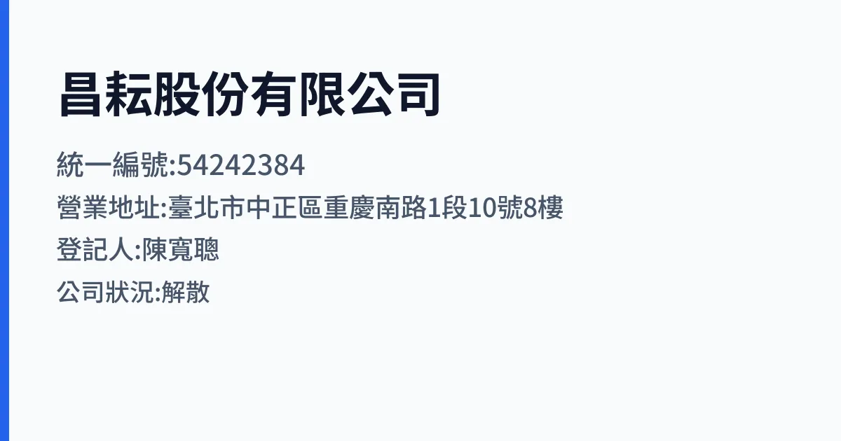 昌耘股份有限公司 - 統編 54242384(臺北市) 公司登記資料與營業項目詳細圖表