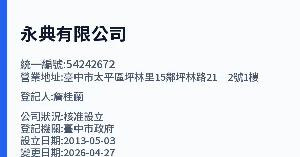 永典有限公司的照片-統編 54242672(臺中市) 公司登記資料與營業項目詳細圖表