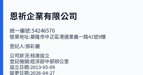 恩祈企業有限公司的照片-統編 54246570(基隆市) 公司登記資料與營業項目詳細圖表