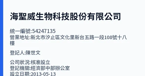 海聖威生物科技股份有限公司的照片-統編 54247135(新北市) 公司登記資料與營業項目詳細圖表
