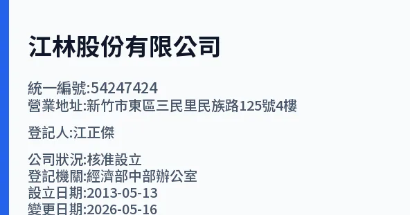 江林股份有限公司的照片-統編 54247424(新竹市) 公司登記資料與營業項目詳細圖表