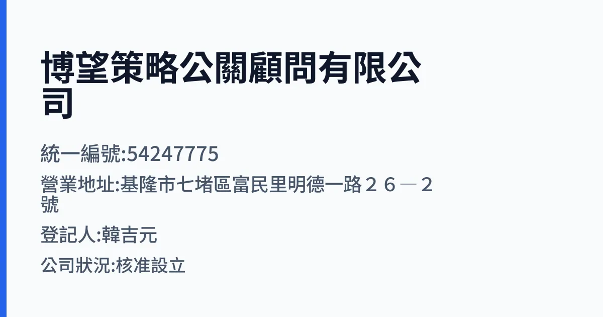 博望策略公關顧問有限公司 - 統編 54247775(基隆市) 公司登記資料與營業項目詳細圖表