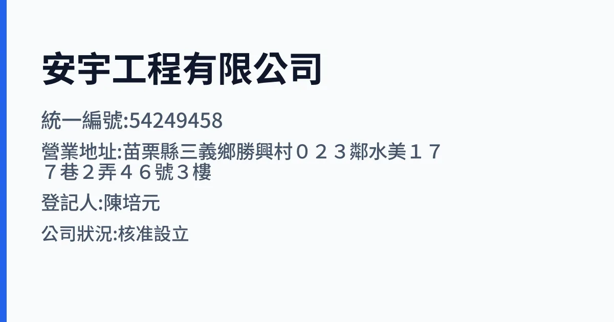 安宇工程有限公司 - 統編 54249458(苗栗縣) 公司登記資料與營業項目詳細圖表