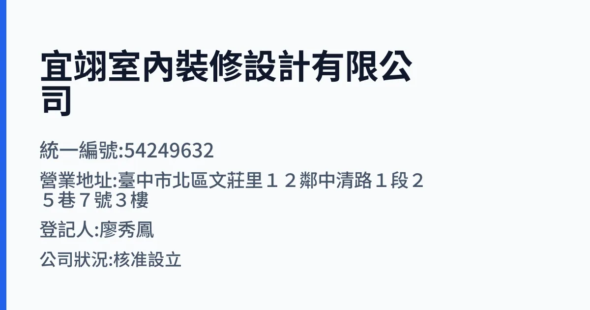 宜翊室內裝修設計有限公司 - 統編 54249632(臺中市) 公司登記資料與營業項目詳細圖表