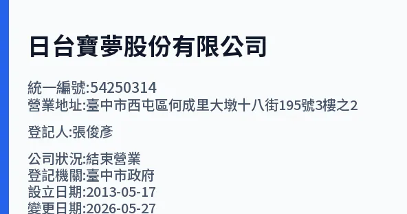 日台寶夢股份有限公司的照片-統編 54250314(臺中市) 公司登記資料與營業項目詳細圖表