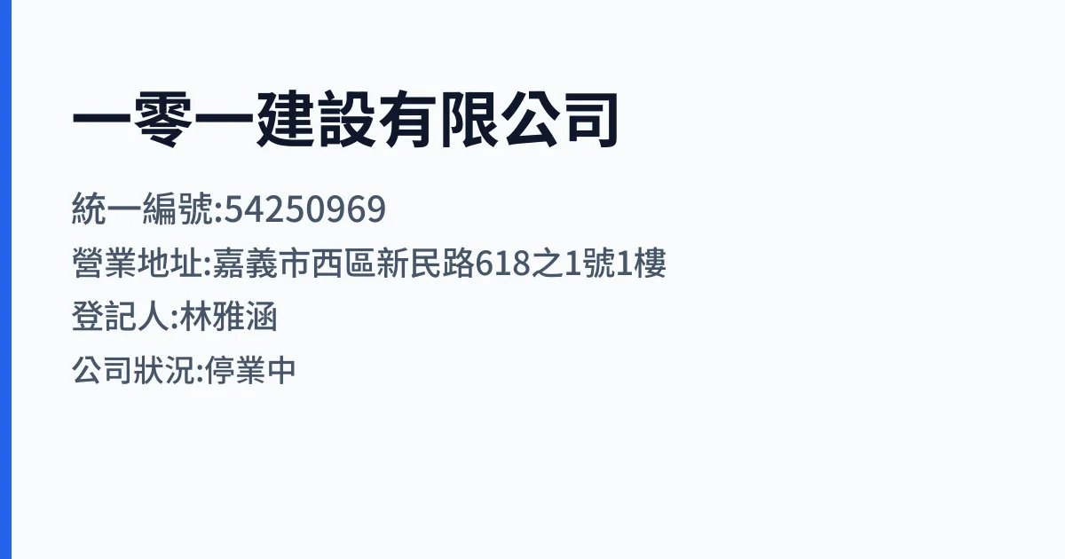 一零一建設有限公司 - 統編 54250969(嘉義市) 公司登記資料與營業項目詳細圖表
