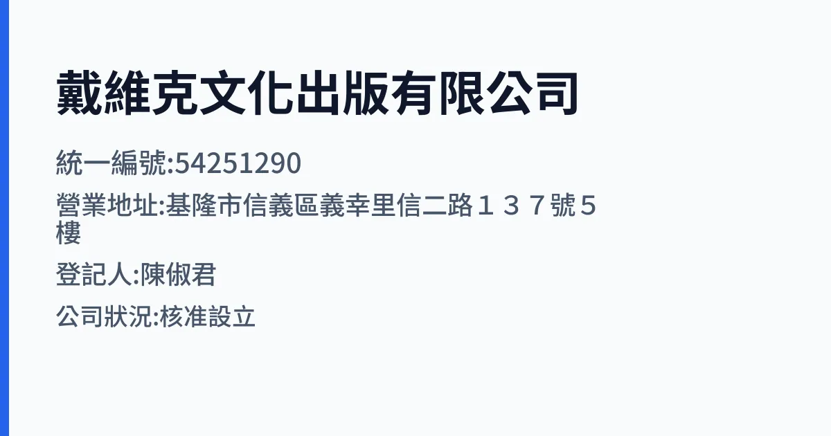 戴維克文化出版有限公司 - 統編 54251290(基隆市) 公司登記資料與營業項目詳細圖表