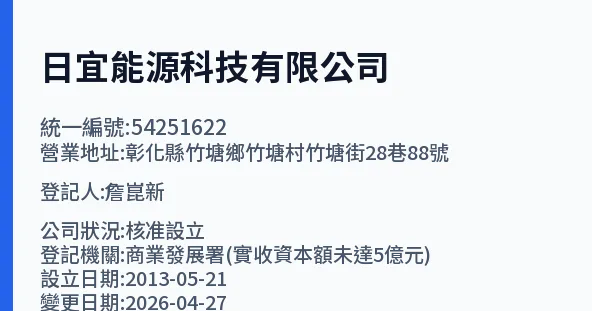 日宜能源科技有限公司的照片-統編 54251622(彰化縣) 公司登記資料與營業項目詳細圖表