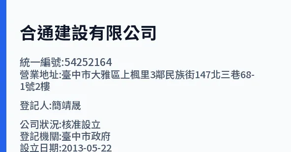 合通建設有限公司的照片-統編 54252164(臺中市) 公司登記資料與營業項目詳細圖表
