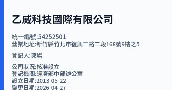 乙威科技國際有限公司的照片-統編 54252501(新竹縣) 公司登記資料與營業項目詳細圖表