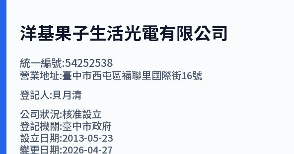 洋基果子生活光電有限公司的照片-統編 54252538(臺中市) 公司登記資料與營業項目詳細圖表
