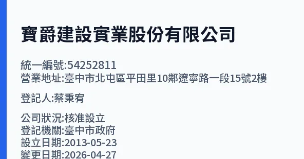 寶爵建設實業股份有限公司的照片-統編 54252811(臺中市) 公司登記資料與營業項目詳細圖表