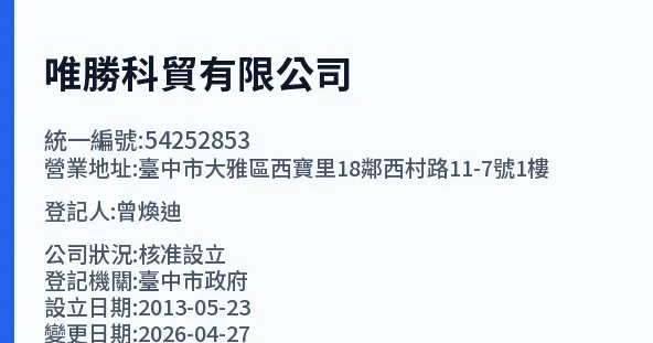 唯勝科貿有限公司的照片-統編 54252853(臺中市) 公司登記資料與營業項目詳細圖表