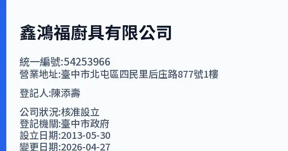 鑫鴻福廚具有限公司的照片-統編 54253966(臺中市) 公司登記資料與營業項目詳細圖表