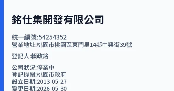 銘仕集開發有限公司的照片-統編 54254352(桃園市) 公司登記資料與營業項目詳細圖表