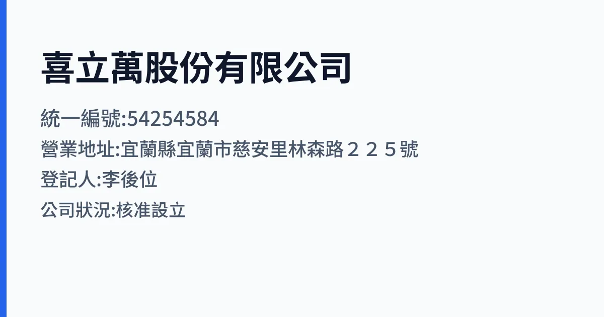 喜立萬股份有限公司 - 統編 54254584（宜蘭縣） 公司登記資料與營業項目詳細圖表